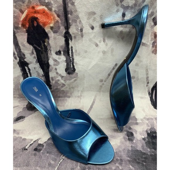 Zara | Shoes | Zara Women Heels Sandals Blue Metallic New Size Us 1 ...